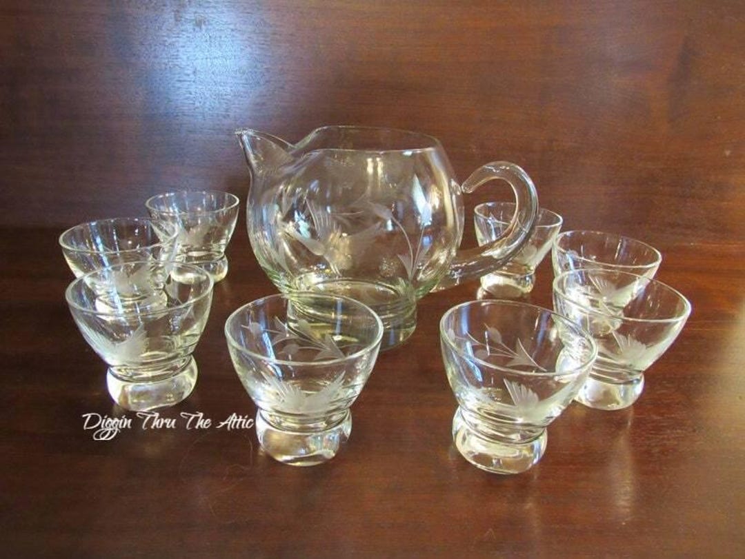 Vintage Crystal Cocktail Set, Martini Set, Etched Pitcher and Matching ...