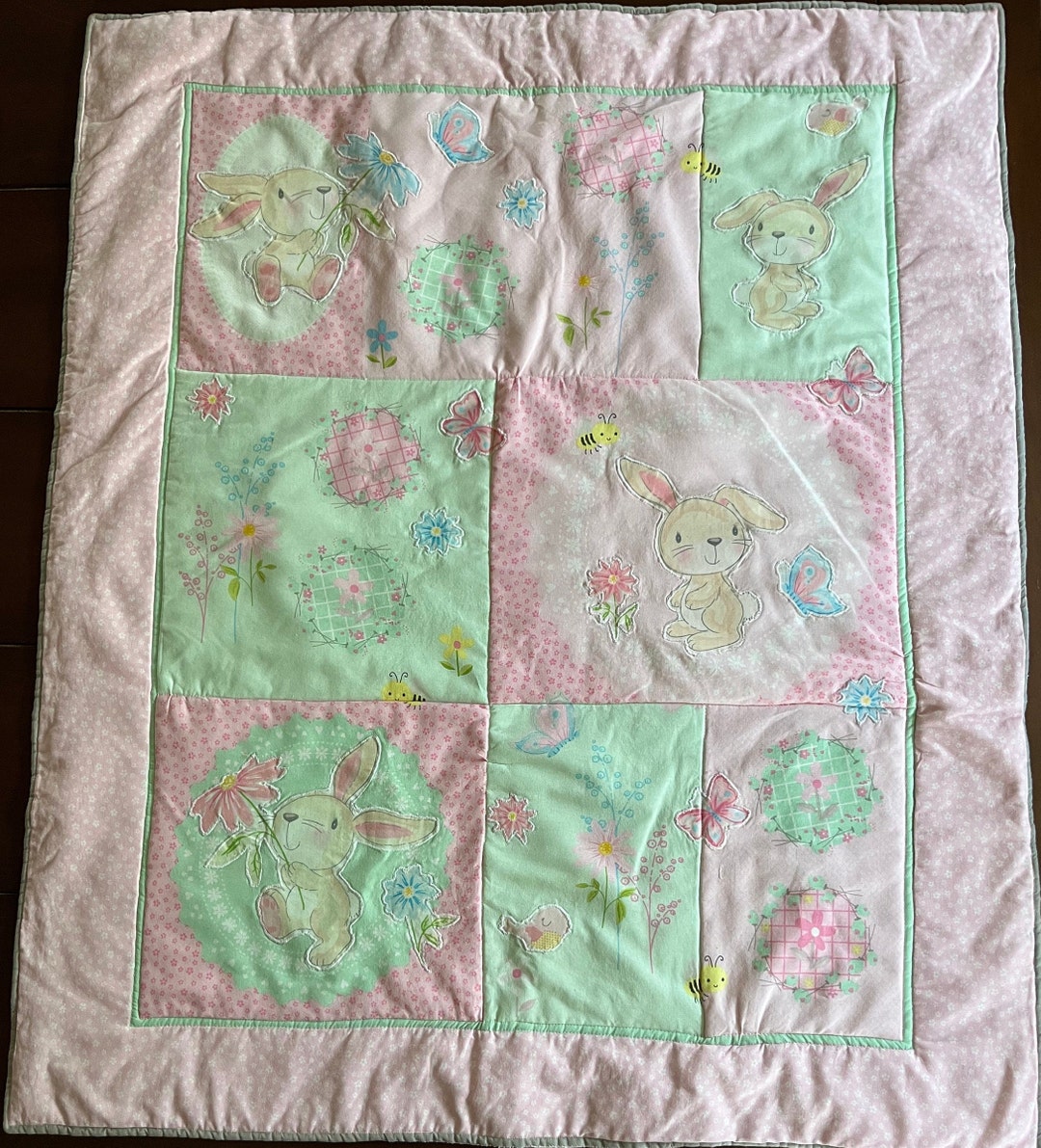 Quilted Baby Blanket - Pink and Green - Rabbit Theme - Free Shipping - Etsy
