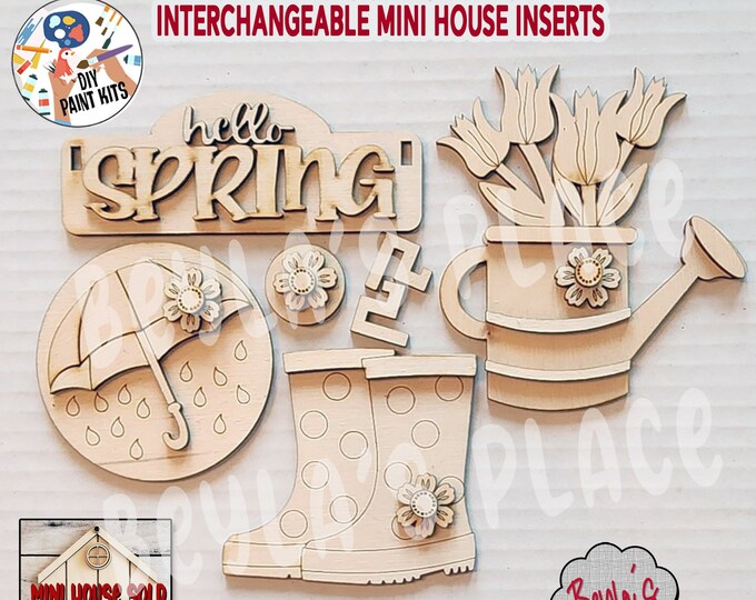 Mini House Interchangeable, Hello Spring Rain Insert/unfinished Wood/diy Blank Paint Kit/boots ...