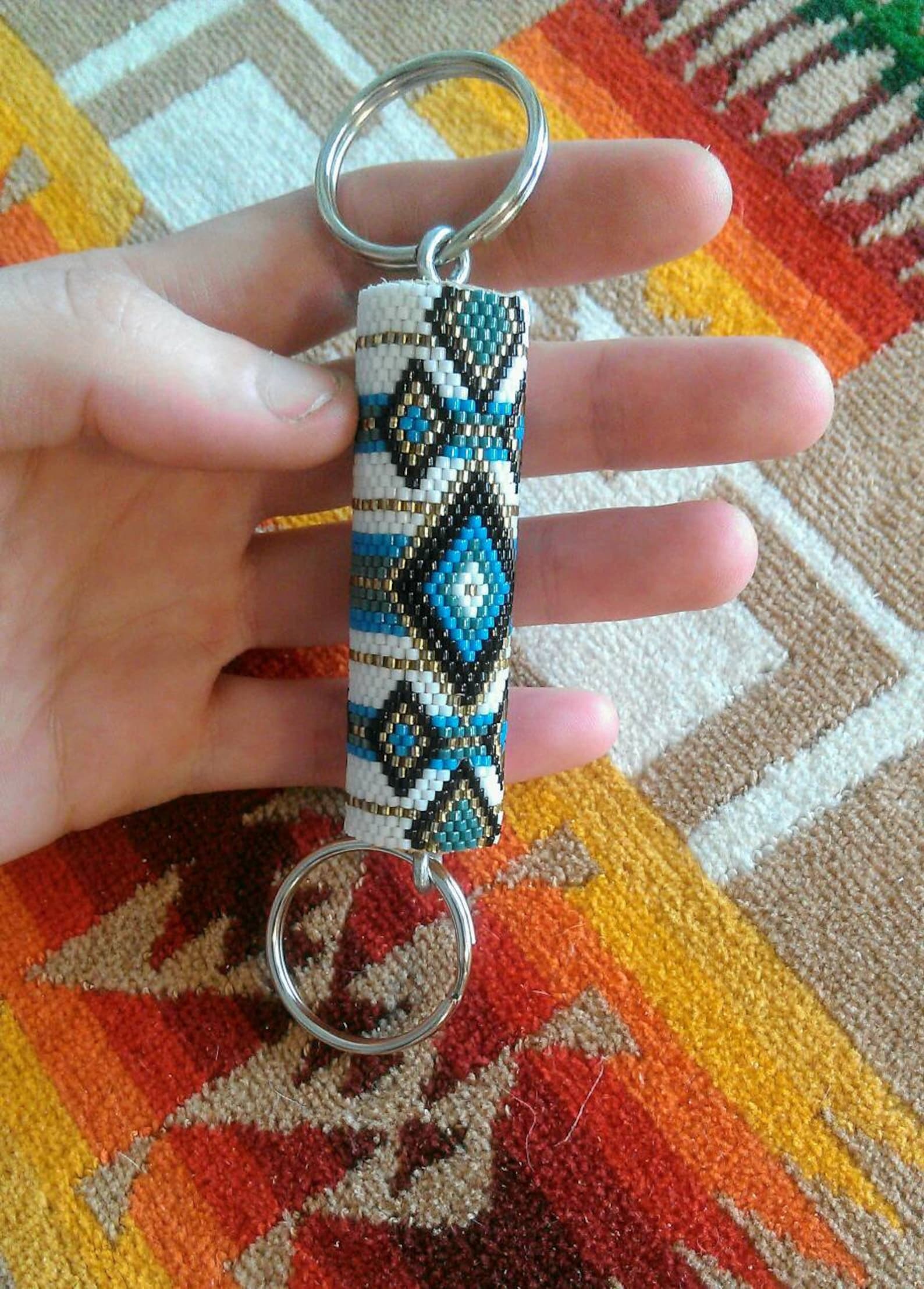 Keychains, 'geometric Blanket' - Hand Beaded Double-ring Keychain ...