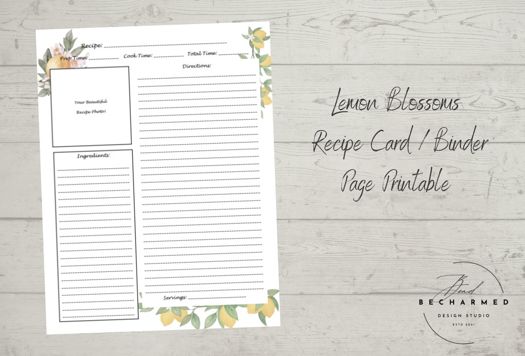 Printable Recipe Card, "lemon Branch" - Printable Full Size Recipe Page ...