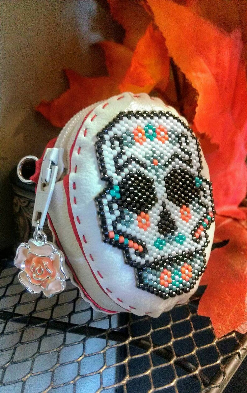 Coin Purse Whimsy, 'green & Orange Floral Sugar Skull' - Day of the ...