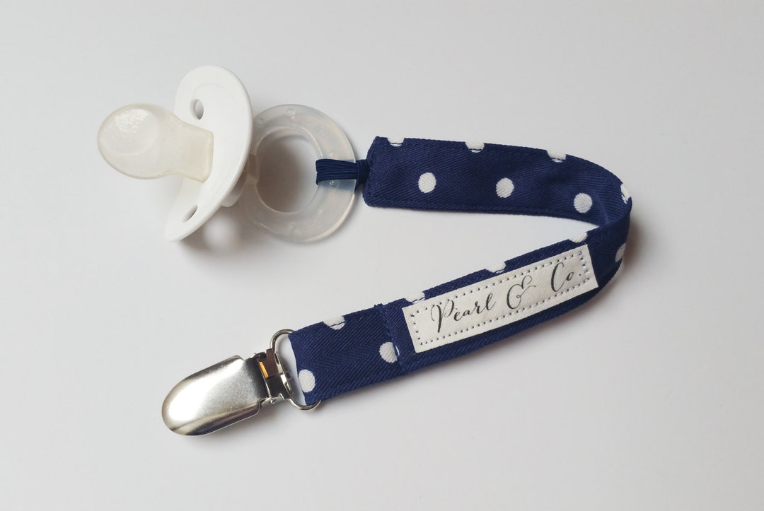 Pacifier Clip: Navy Blue Polka Dots - Blue Pacifier Clip - Pacifier ...
