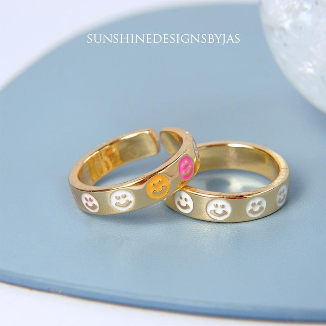 18K Gold Plated Enamel Smiley Face Band Ring. Pink/white/multi-color ...