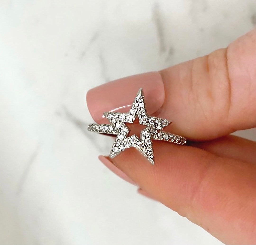 Adjustable Silver Star Shaped Ring, CZ Pave - Etsy