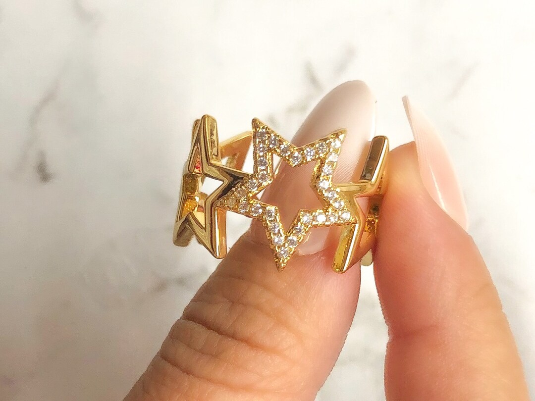 Adjustable 18k Gold Plated Star Shaped Ring, CZ Pave - Etsy