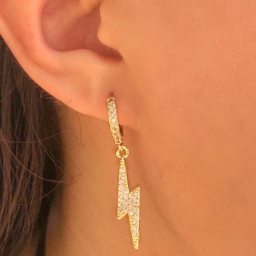 Silver Micro CZ Pave Tiny Lightning Hoop Earrings - Etsy