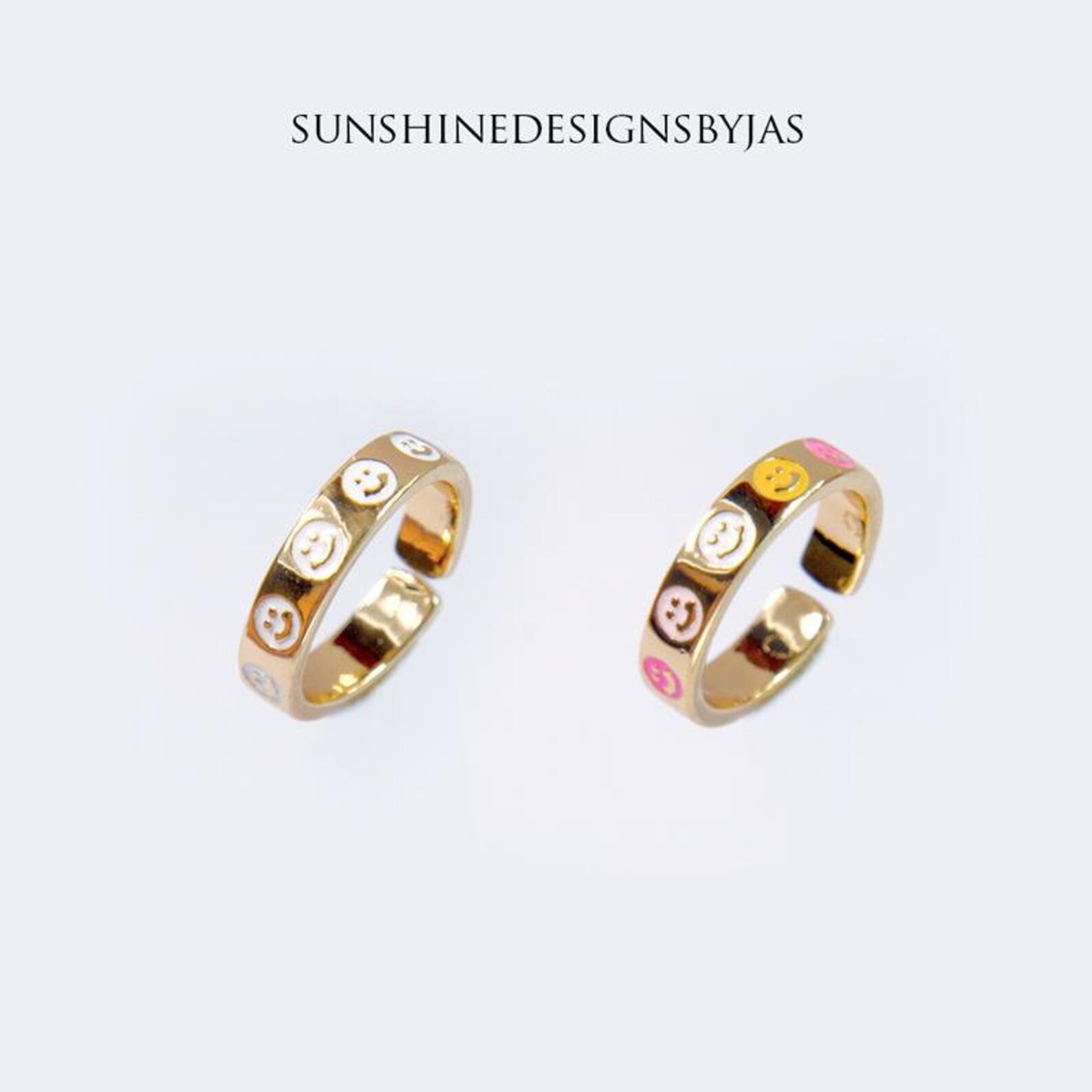 18K Gold Plated Enamel Smiley Face Band Ring. Pink/white/multi-color ...