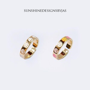 18K Gold Plated Enamel Smiley Face Band Ring. Pink/white/multi-color ...