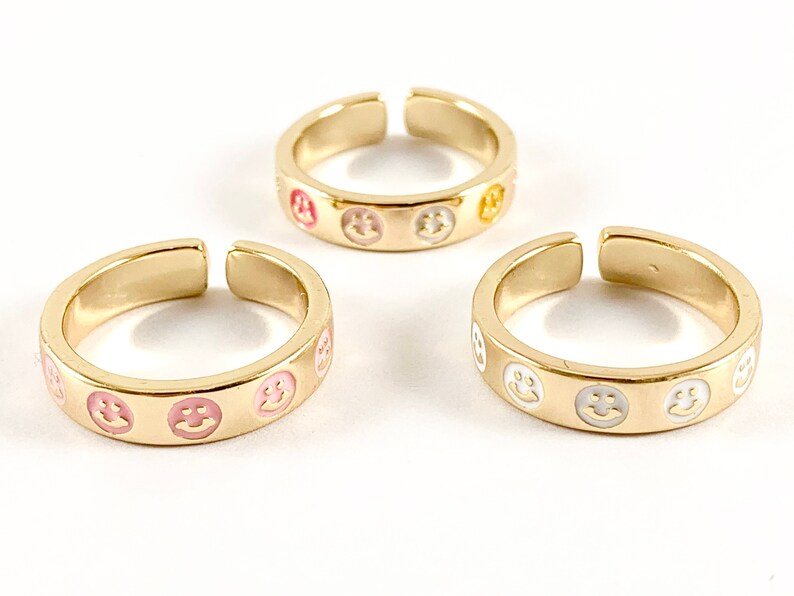 18K Gold Plated Enamel Smiley Face Band Ring. Pink/white/multi-color ...