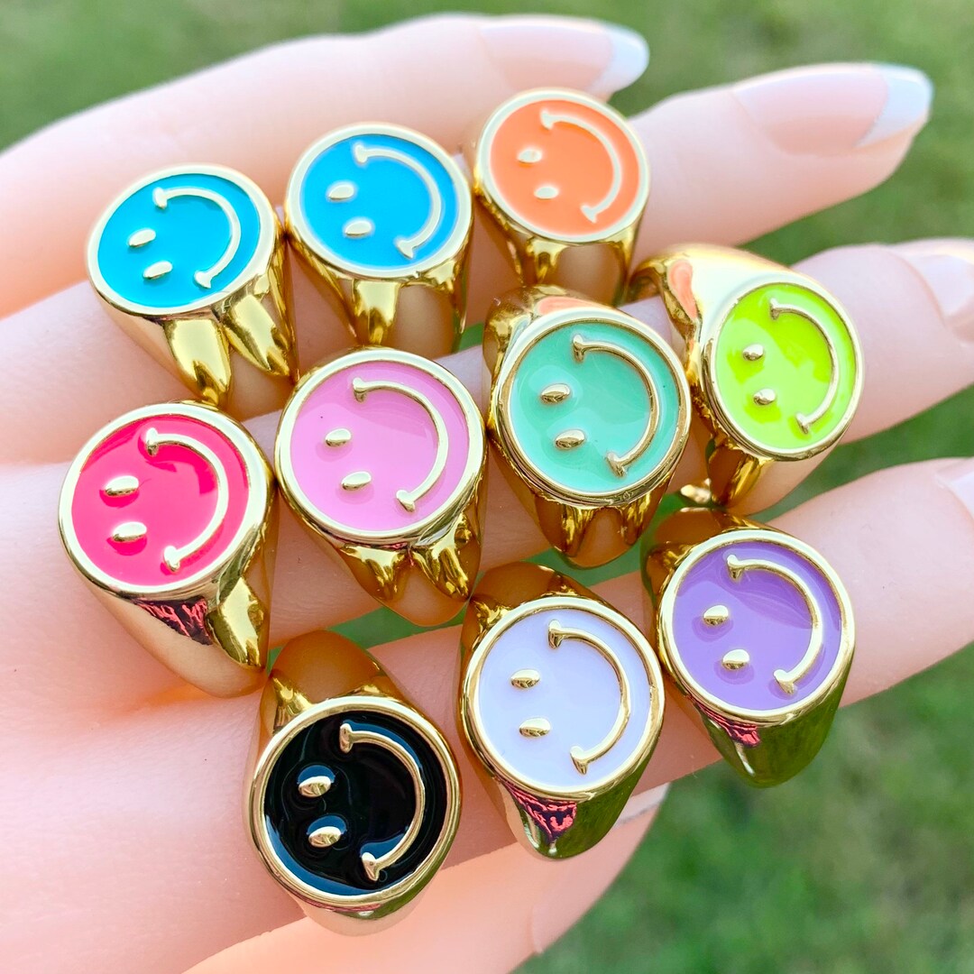 18K Gold Plated Smiley Face Ring. Colorful Enamel Ring. Summer Candy ...