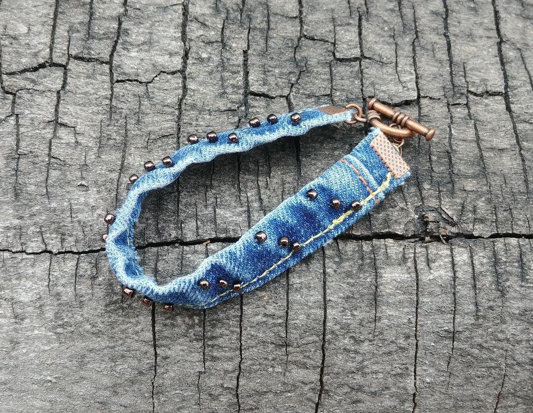 Cuff Bracelet Denim, Blue Jeans Bracelet, Denim Beaded Jewelry ...