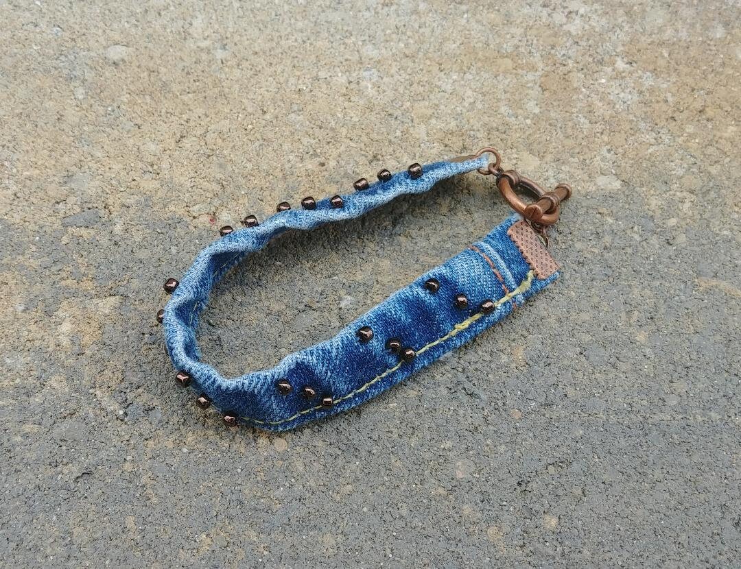Cuff Bracelet Denim Blue Jeans Bracelet Denim Beaded - Etsy