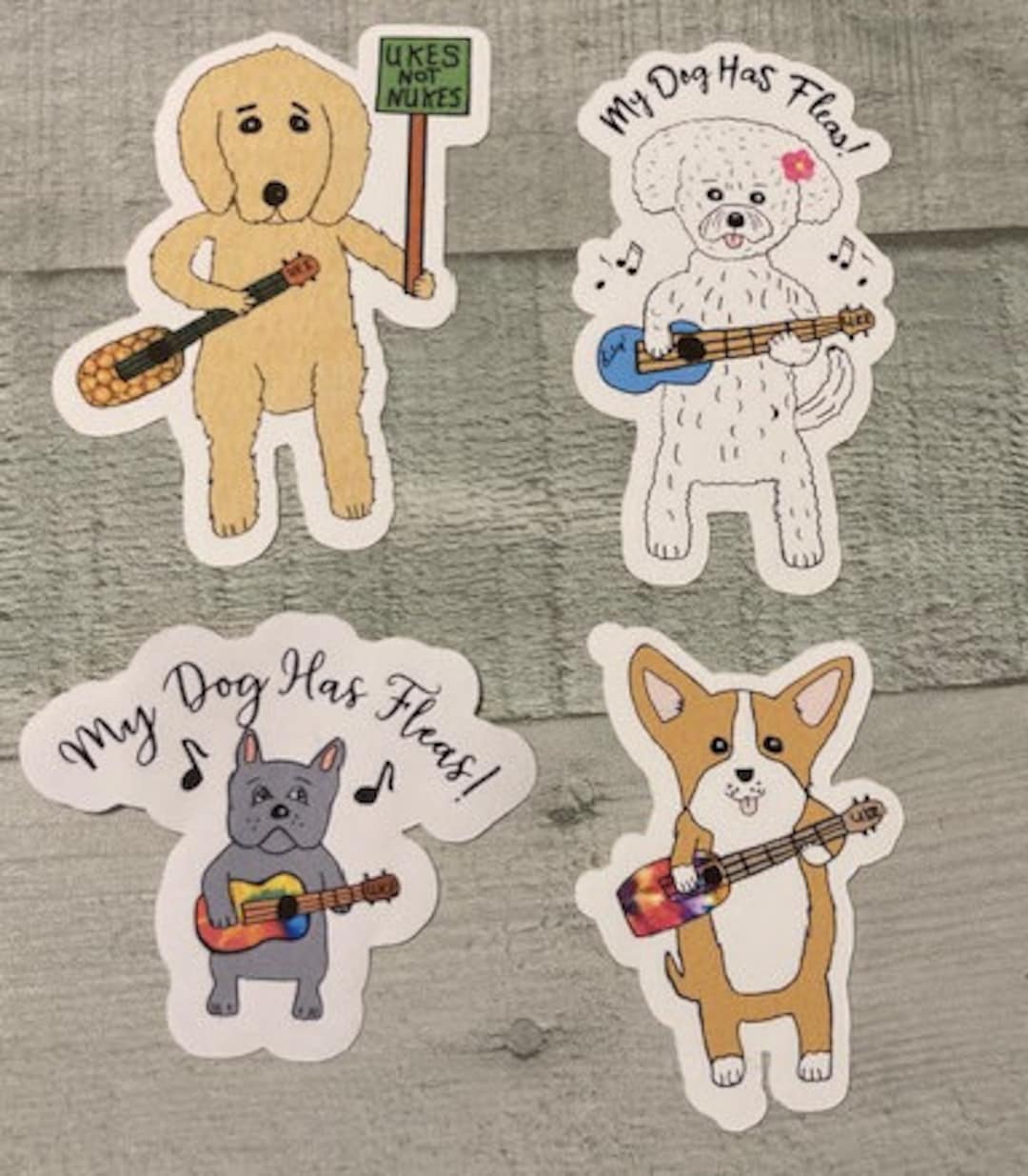 4 Ukulele Dog Stickers 4 Large, Cute, Dog Stickers Dogs Playing Ukulele ...