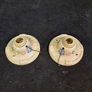 Vintage Pair Porcelain Pull Chain Ceiling Lights Pink and Blue Flowers ...