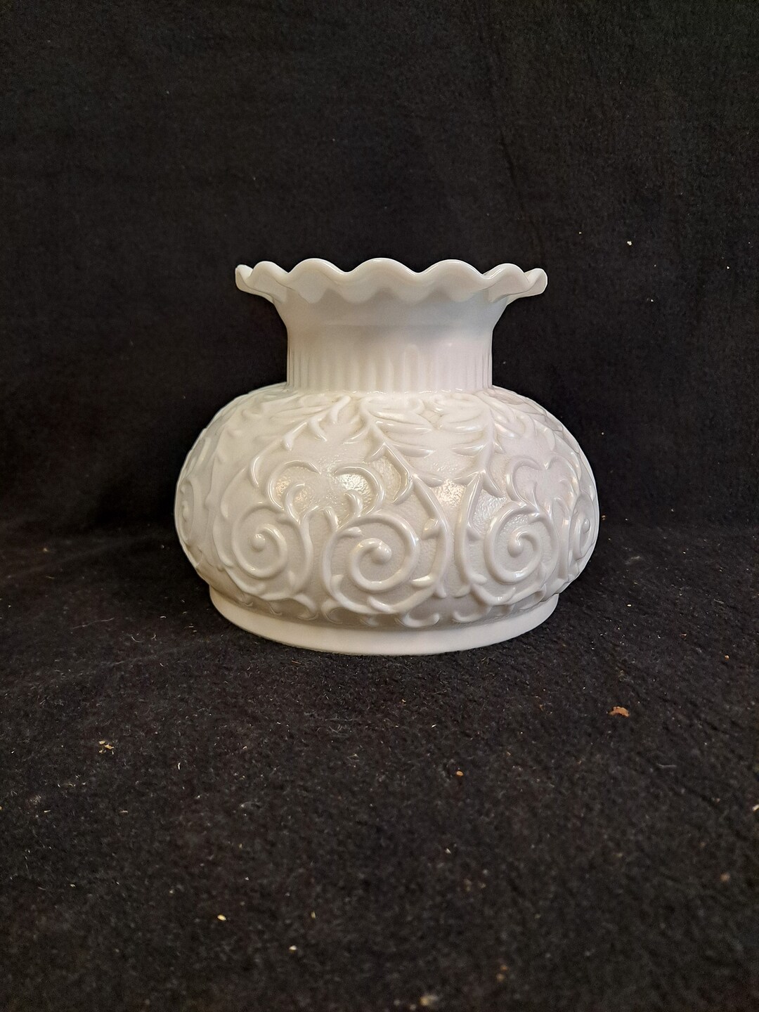 Milk Glass Embossed Filigree Pattern , Ruffle Top Hurricane , or ...