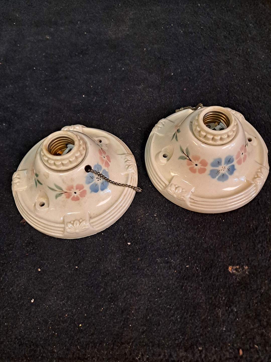 Vintage Pair Porcelain Pull Chain Ceiling Lights Pink and Blue Flowers ...