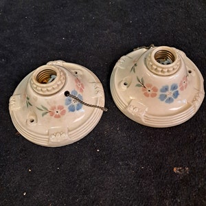 Vintage Pair Porcelain Pull Chain Ceiling Lights Pink and Blue Flowers ...