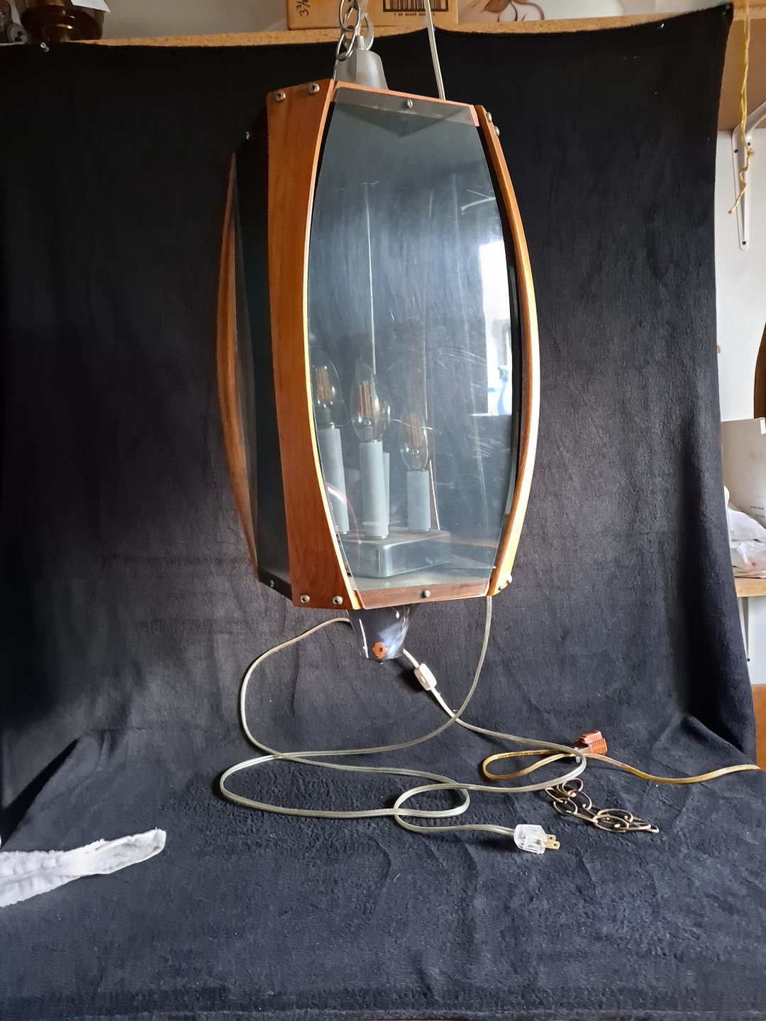 Vintage Teak Wood and Smoked Plexi Glass Plastic Danish Modern Hanging ...