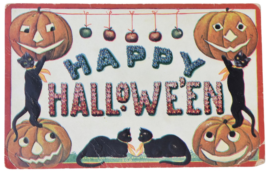 Antique Postcard Halloween JOL Pumpkins Black Cats Apples Happy ...