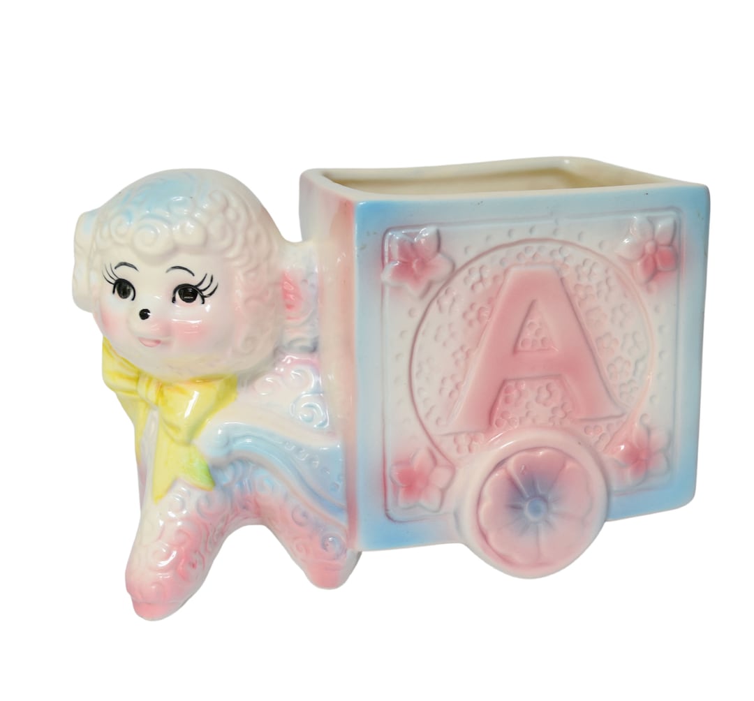 Vintage Curly Blue Pink Lamb Alphabet Cart Ceramic Planter Pot Nursery ...