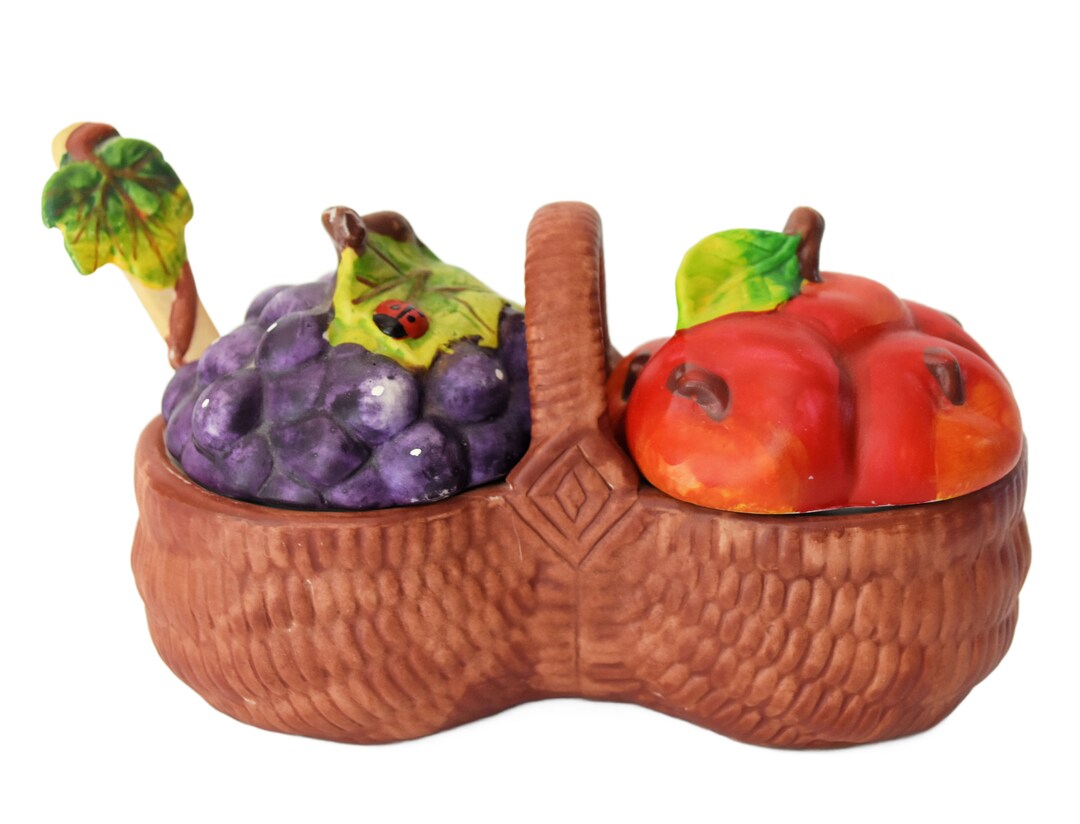 Vintage Ceramic Jam Jelly Server Set Spoon Basket Apple Grapes ...