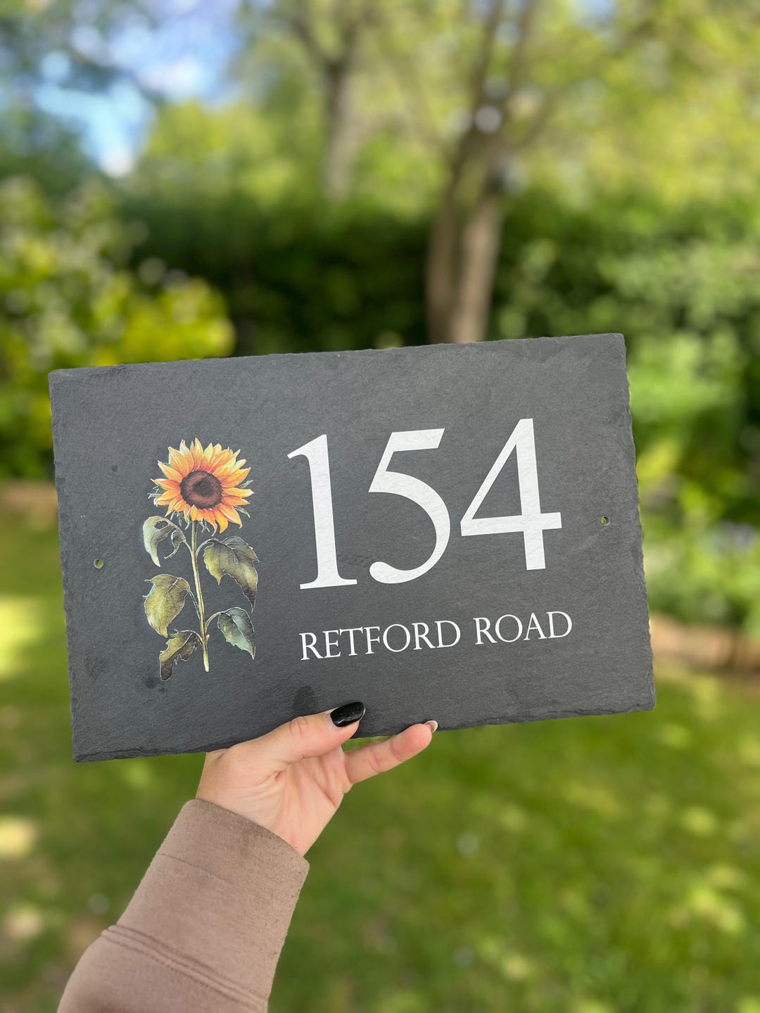 Personalised Slate House Sign: Sunflower Address Plaque, Rustic Outdoor ...