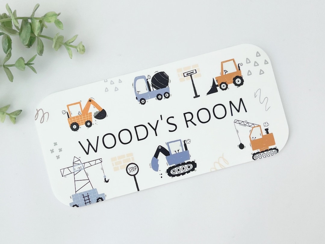 Personalised Construction Bedroom Door Sign, Name Room Sign, Digger ...