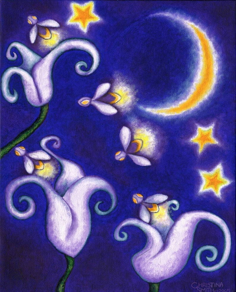 Firefly Art Night Sky Lily Crescent Moon Midsummer - Etsy