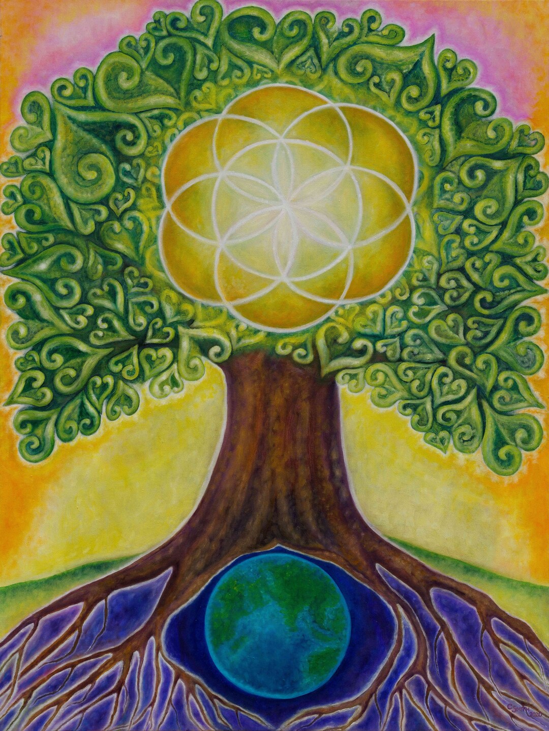 Tree of Life Art Print, Gaia Art, Earth Painting, Flower of Life ...
