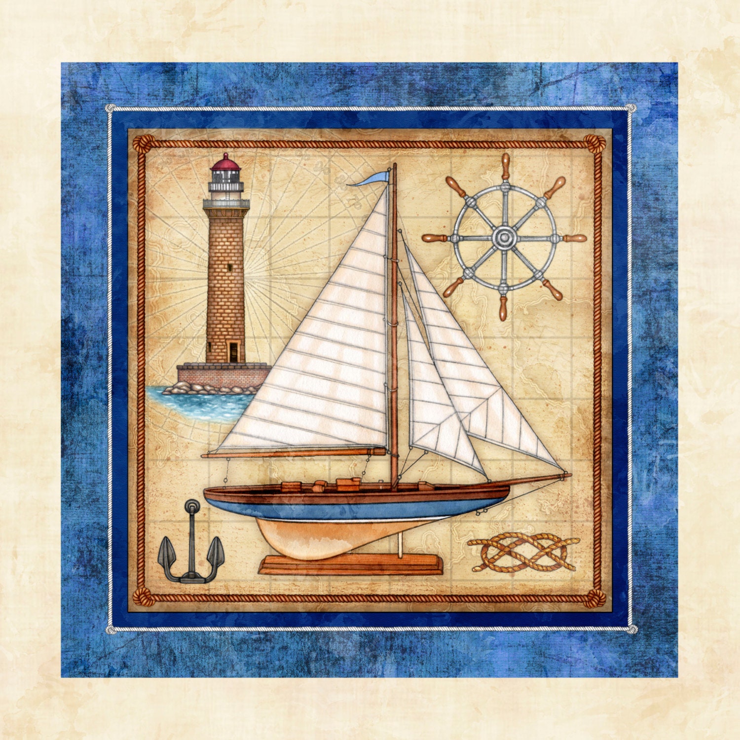 Nautical Sailboat Lighthouse Art Print by Artist Dan Morris | Etsy
