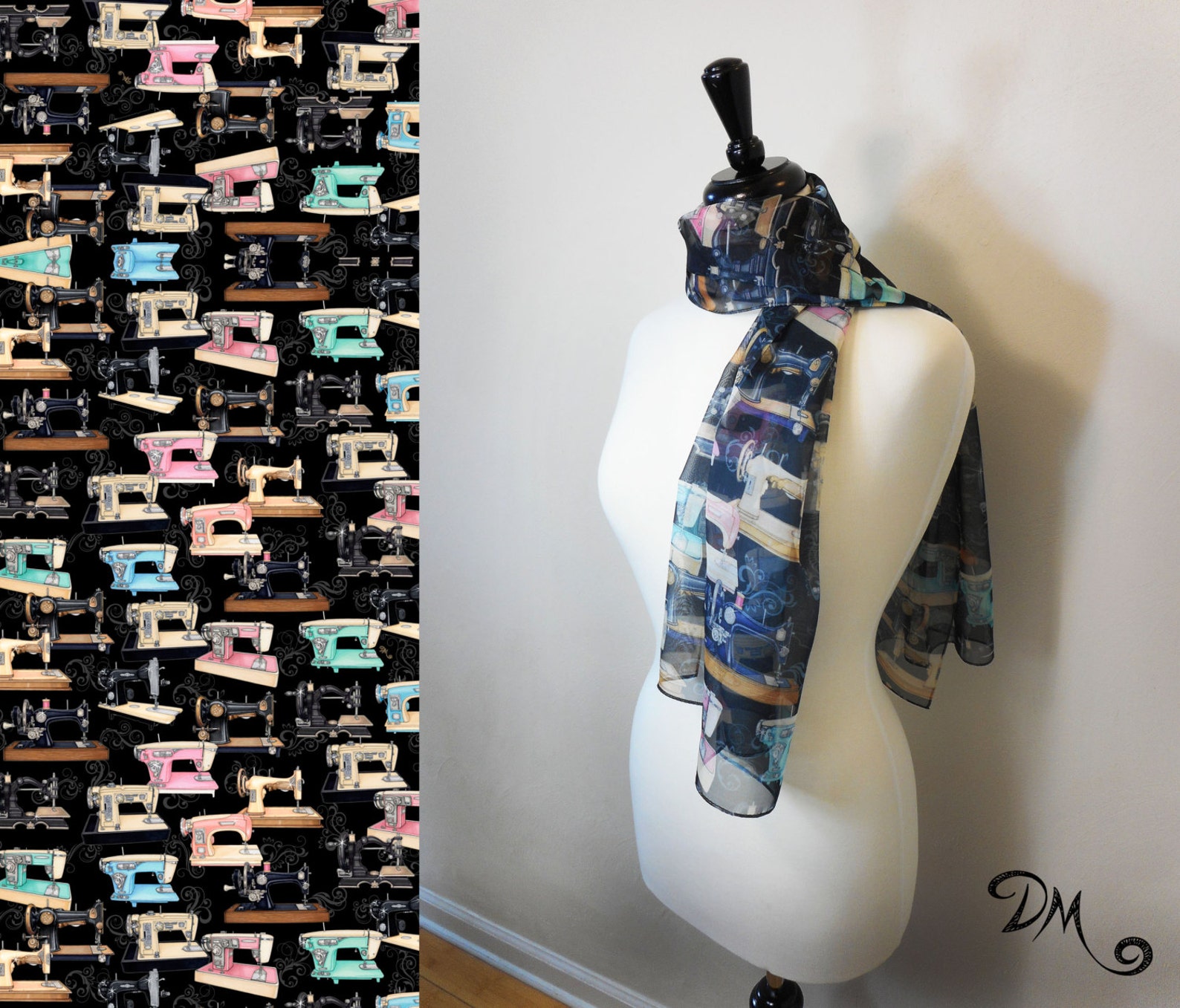 Vintage Sewing Machines Scarf Sewing Quilting themed Scarf by | Etsy