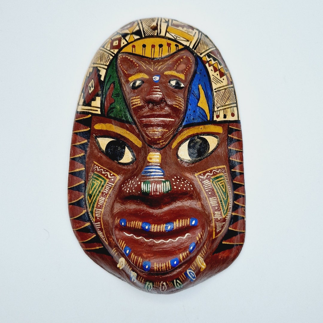 Peruvian Hand Painted Male Mask Style Carved Wood Cusco Folk Art Home ...