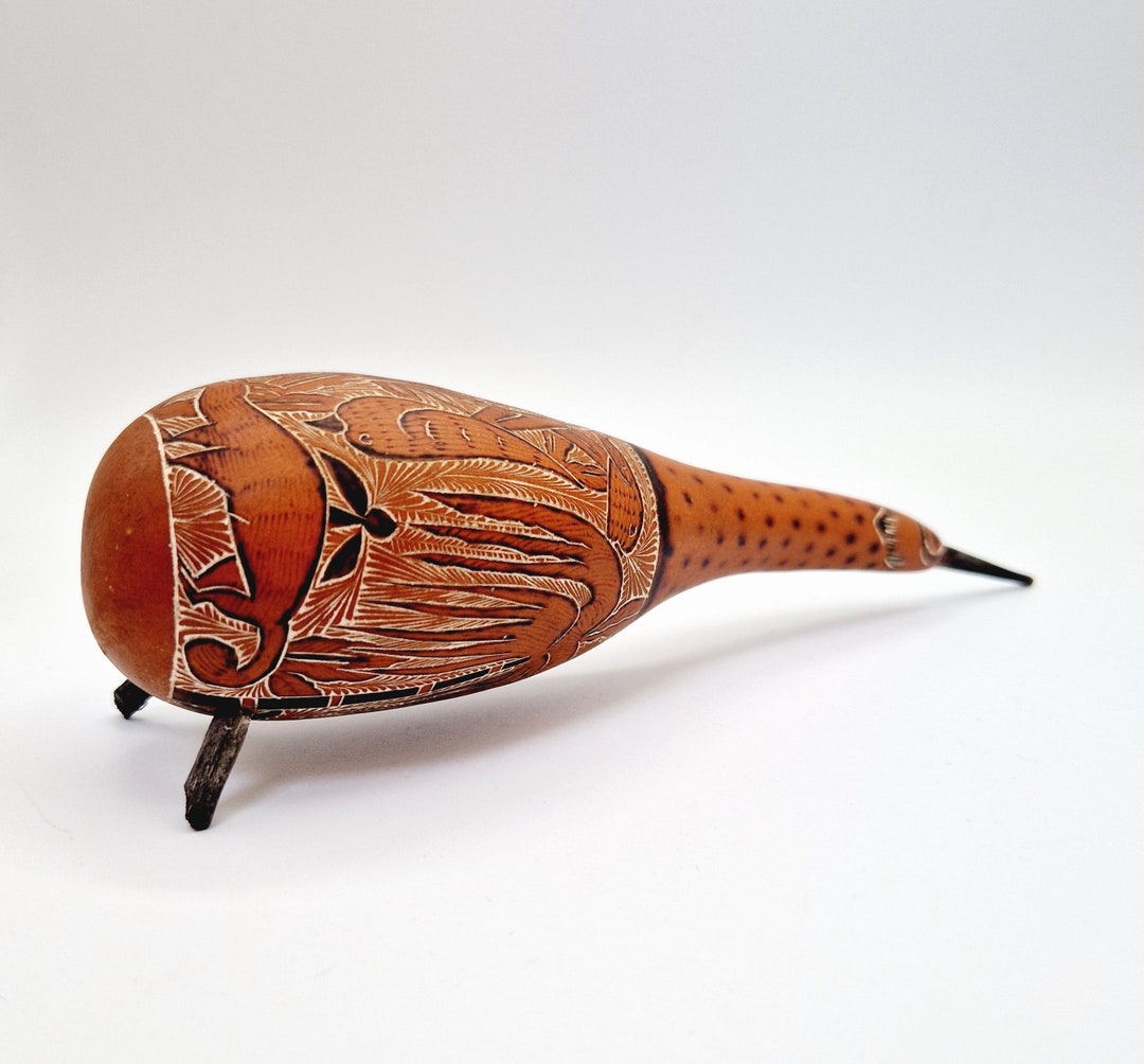 Peruvian Carved Gourd Bird Long Necked Parrot and Llama Motif Folk Art ...