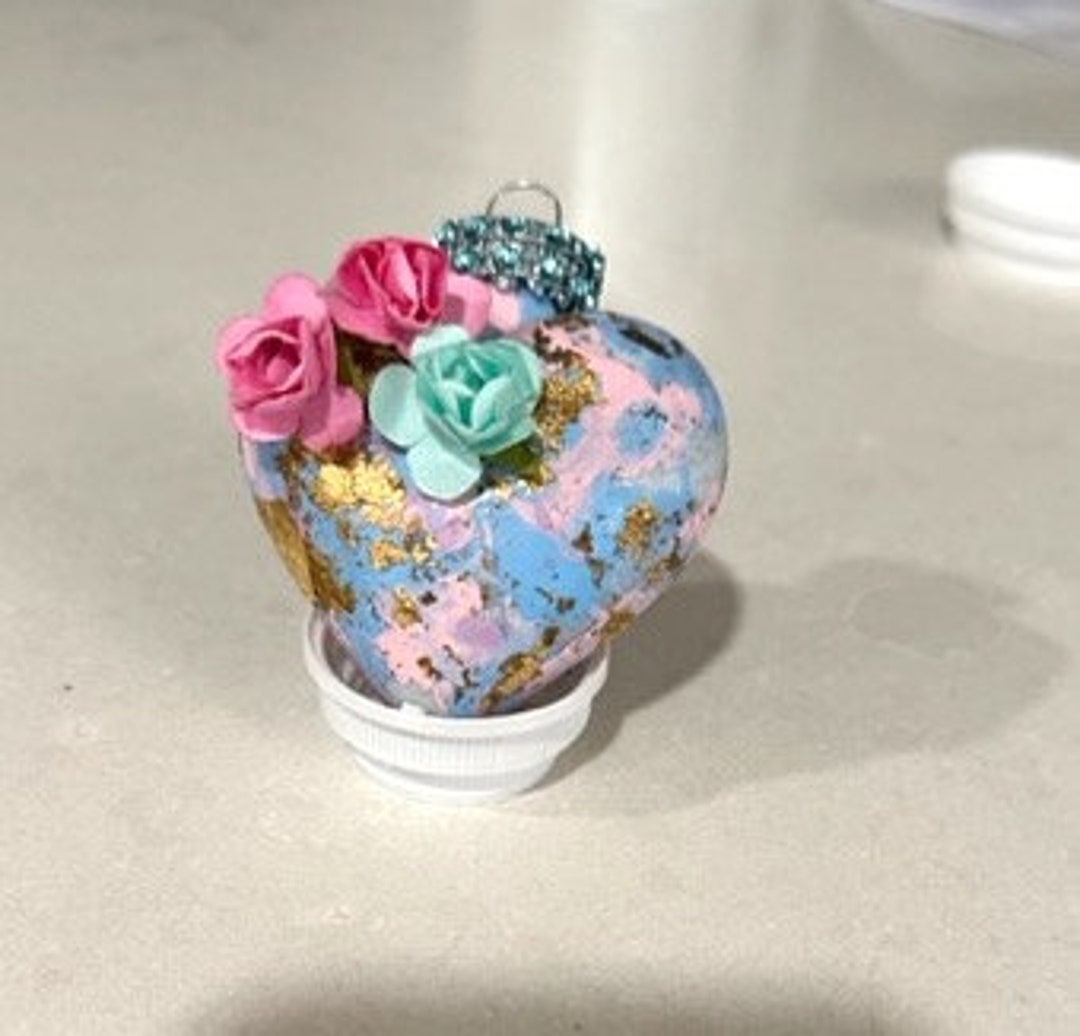 Pink Blue Gold Leaf Heart Ornament 3" With Cardboard Flowers Valentine ...