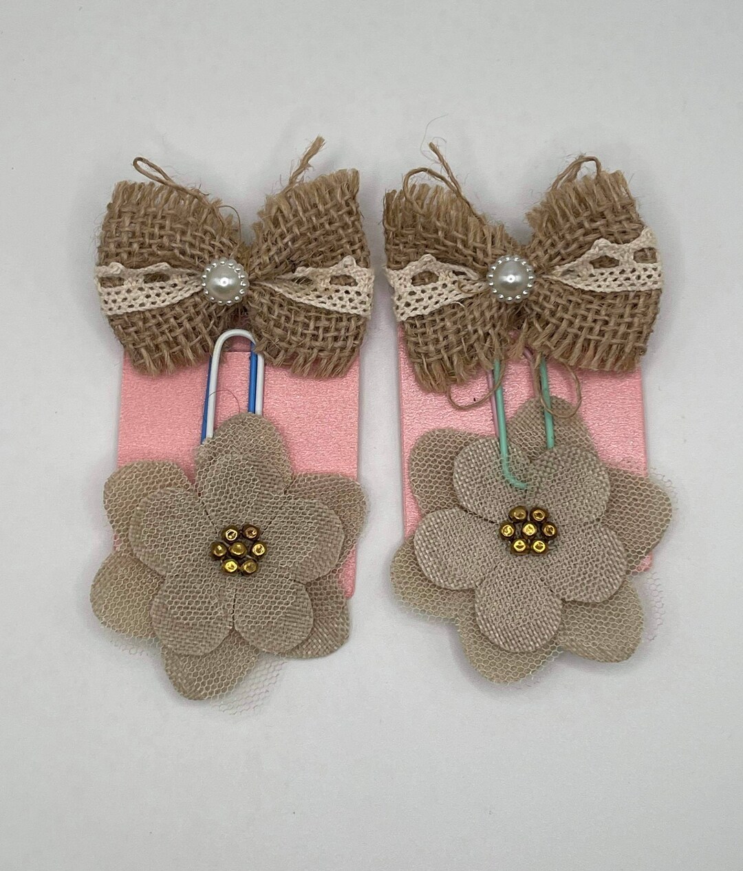 Burlap Bow Bookmark, Small Paperclip Bookmark, Fabric Flower Paper Clip ...