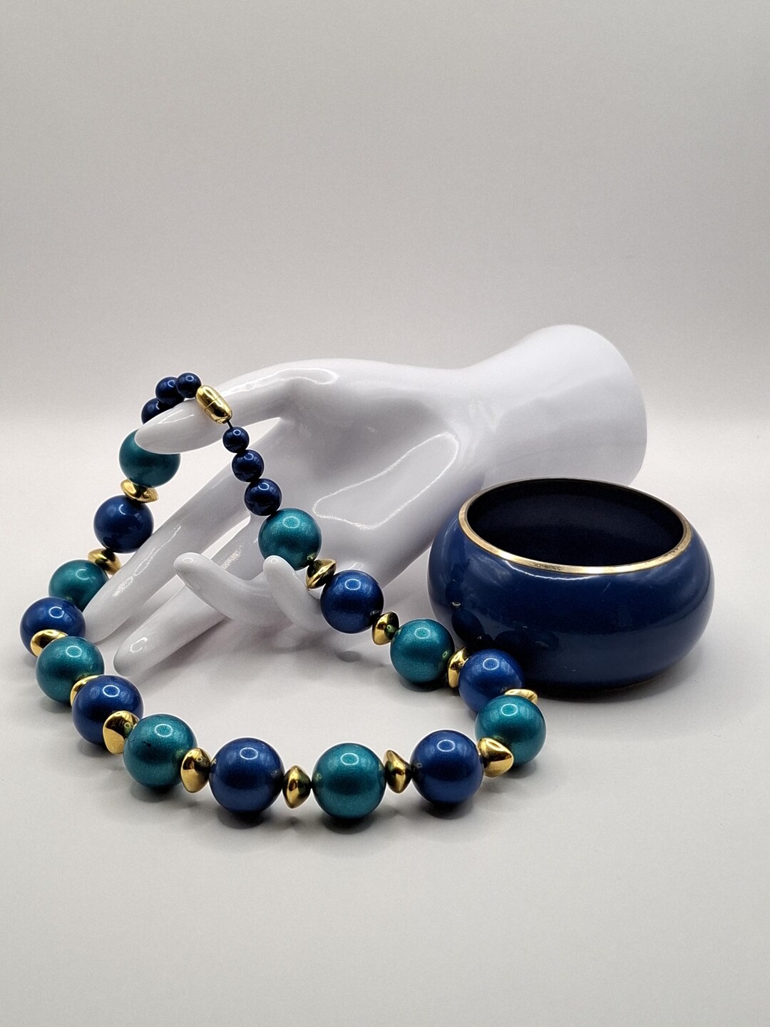 Royal Blue Beaded Jewelry Set: Chunky Necklace & Bangle Bracelet - Etsy