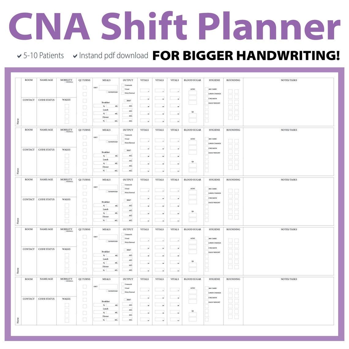 CNA Shift Planner, Shift Report, Report Sheet, Med Surge, Patient Care ...