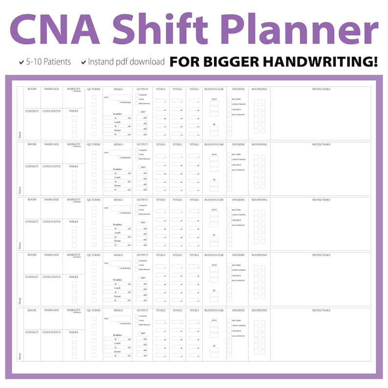 CNA Shift Planner, Shift Report, Report Sheet, Med Surge, Patient Care ...