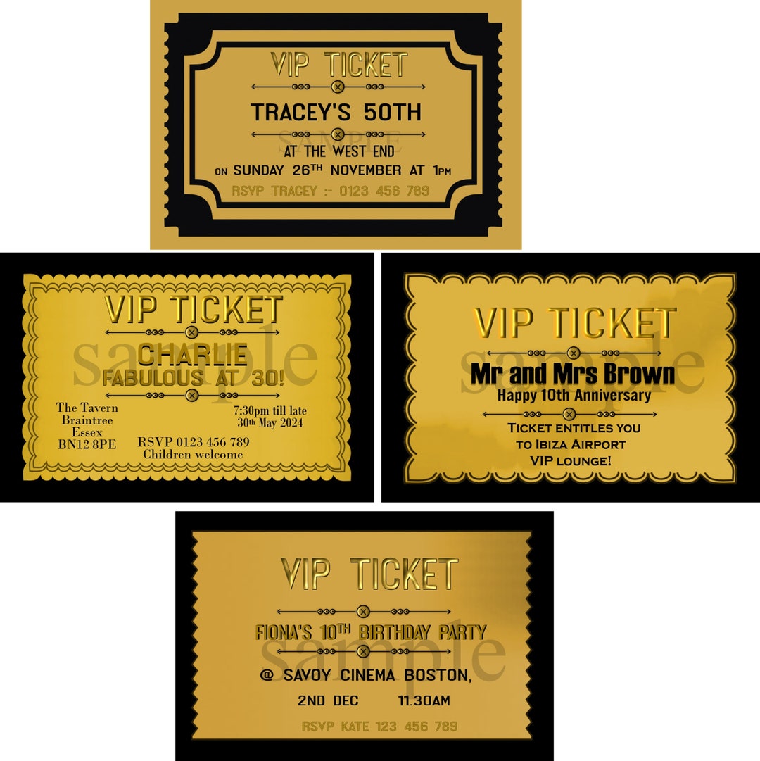 Personalised VIP Ticket Black &gold Birthday Invitations Party Invite ...