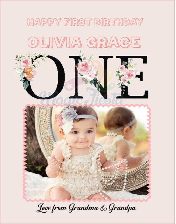 Happy Birthday Personalised Photo Floral 1st Party Poster | Etsy