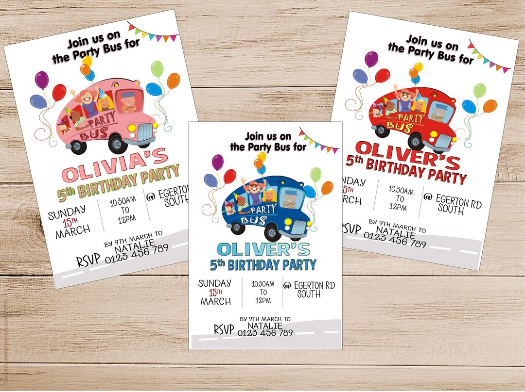 Party Bus Invitations /invites in Pink ,blue , Red , Yellow - Etsy