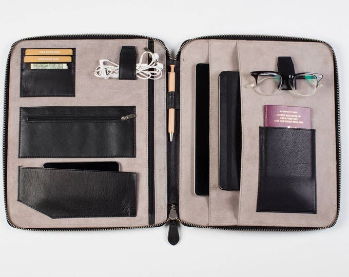 Leather TRAVEL WALLET ORGANIZER Personalized Black xl A4-size iPad Pro ...