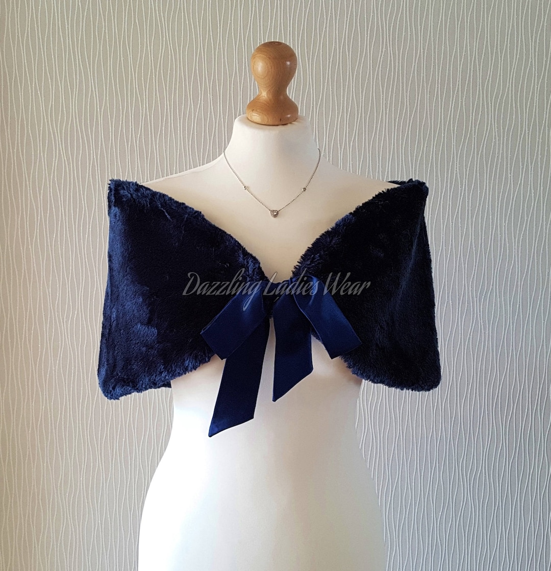 Navy / Dark Blue Faux Fur Stole With Ribbon UK 8-20/ US 4-16 / Bolero ...