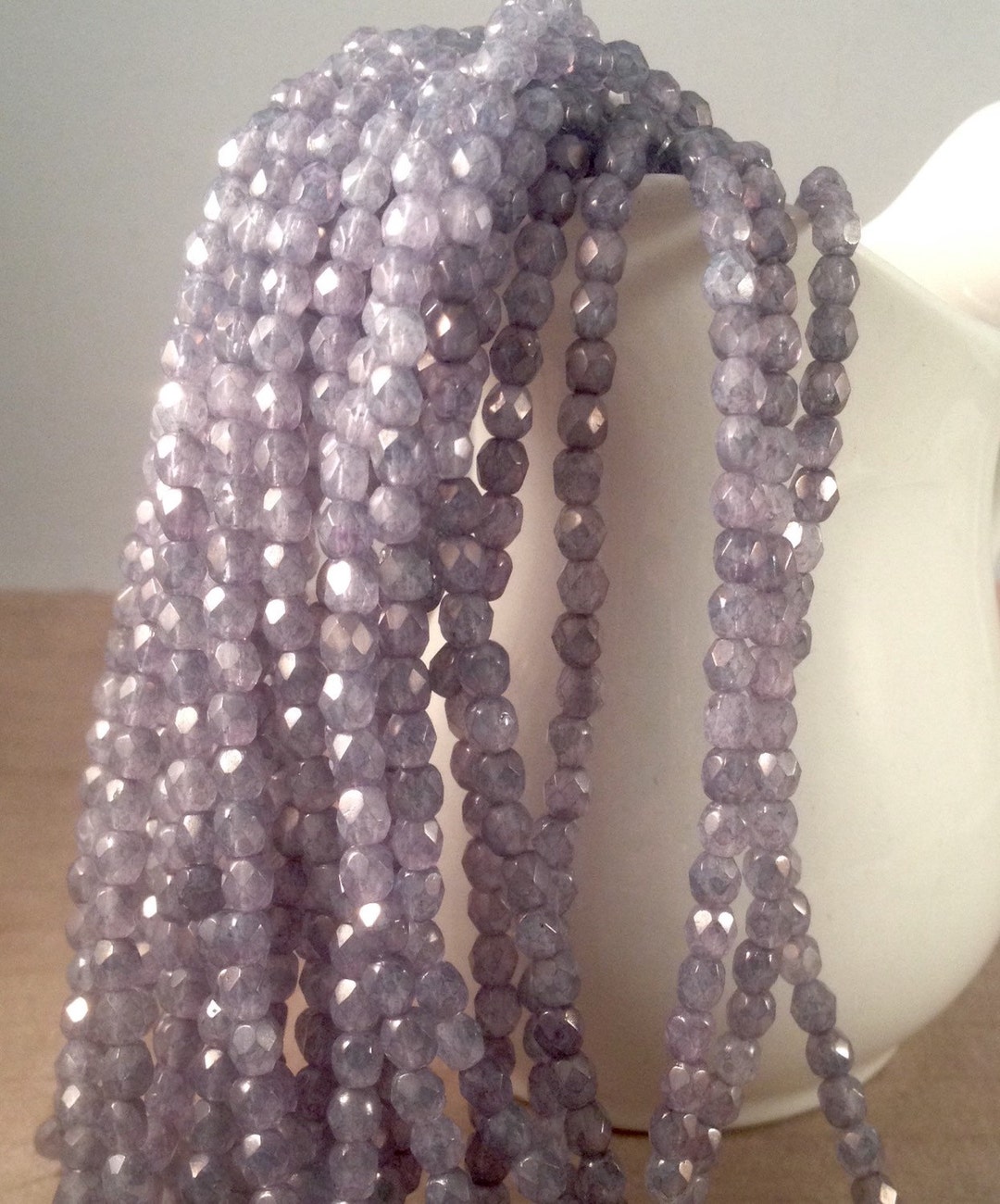 SLATE BITS 4mm Firepolish Luster Stone Grey Czech Glass Faceted Rounds ...