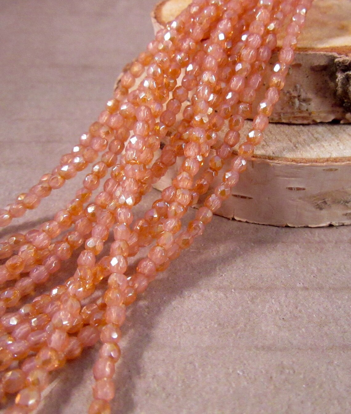 CORAL TEA 2mm Firepolish Milky Pink Celsian Czech Glass Faceted Rounds ...