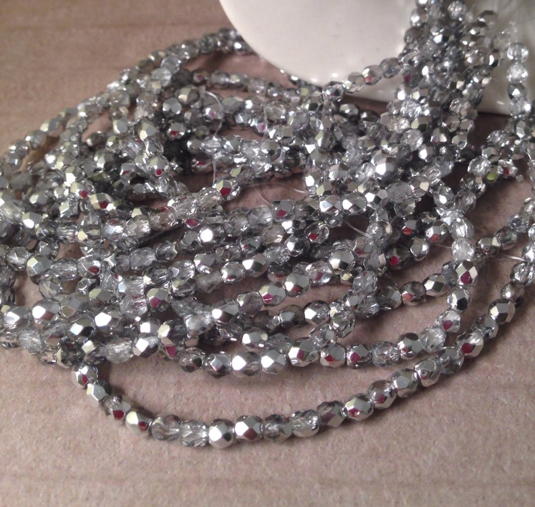 STARLETS 3mm Firepolish Silver Czech Glass Faceted Rounds - Silver ...