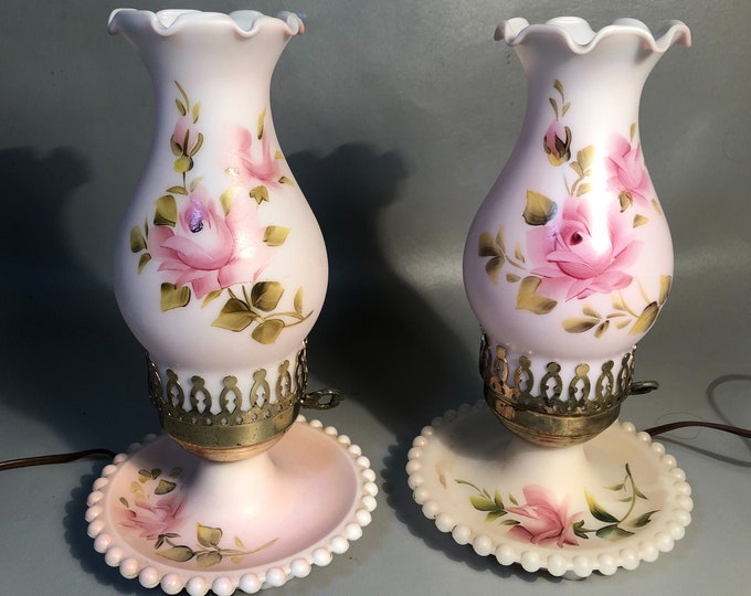 Pair Glass Candlewick Hurricane Lamps W/painted Roses Electric Boudoir ...