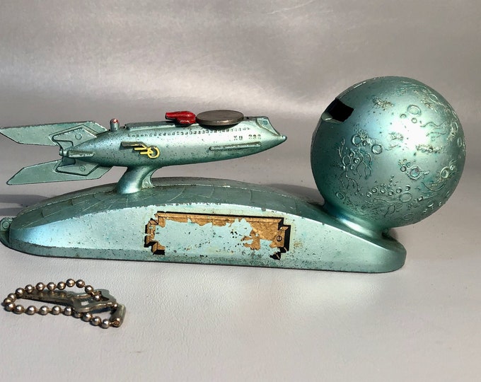 C1950 Mechanical Coin Bank Strato Rocketship Launches Coins Into Moon ...
