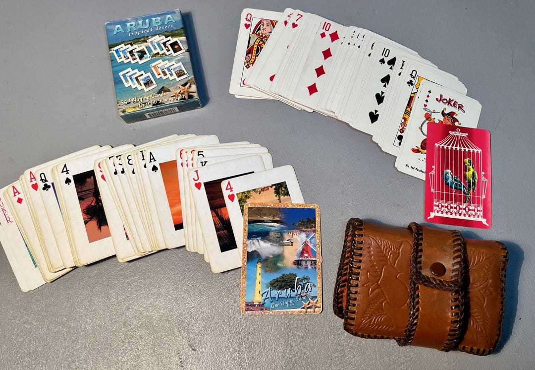 Vintage 1950s Playing Cards in Tooled Leather Case Aruba & Parakeet ...